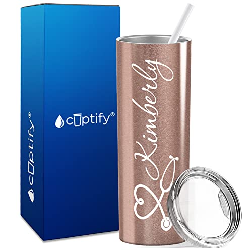 Cuptify Personalized Nurse Heart Stethoscope, RN, LPN, CNA, CMA, MA Skinny Tumbler with Lid and Straw on Rose Gold 20 oz Insulated Stainless Steel Gift Birthday For Women