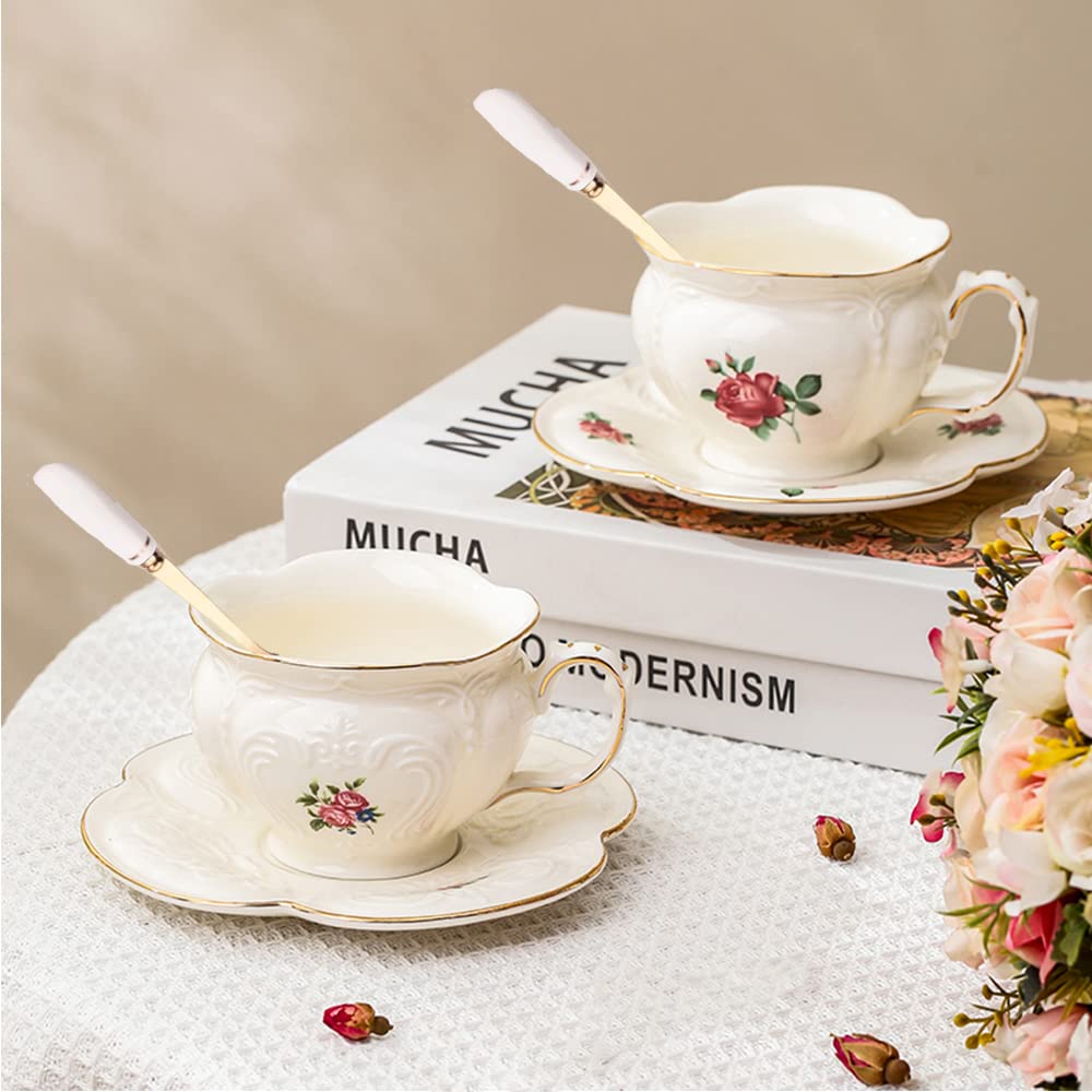 S.ROKE TTAN 8 oz Porcelain Coffee Cup and Saucer Set, White Phnom Penh Teacup Cappuccino Cup Coffee Cup with Spoons, for Drinks, Cappuccino, Latte and Tea, Set of 2 (White)