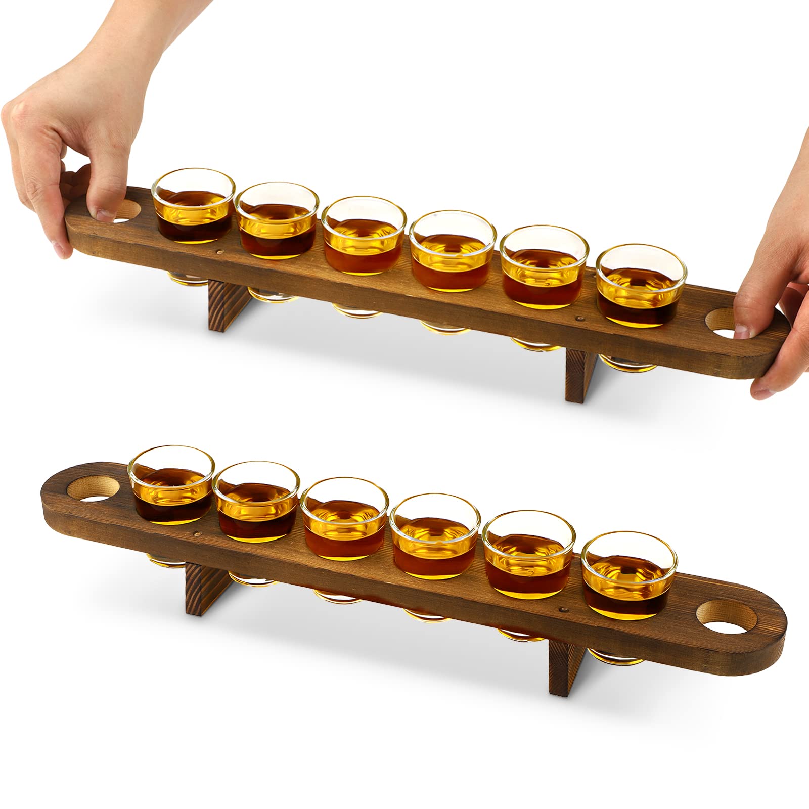 2 Pack Shot Glasses Serving Tray and Shot Glass Set Rustic Wooden Holder for Drinking Wood Shot Cup Tray Tequila Glass Set with Tray Whiskey Flight Board with Glasses for Party Restaurant Bar Display