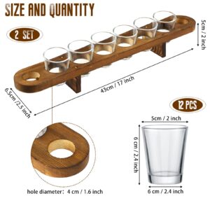 2 Pack Shot Glasses Serving Tray and Shot Glass Set Rustic Wooden Holder for Drinking Wood Shot Cup Tray Tequila Glass Set with Tray Whiskey Flight Board with Glasses for Party Restaurant Bar Display