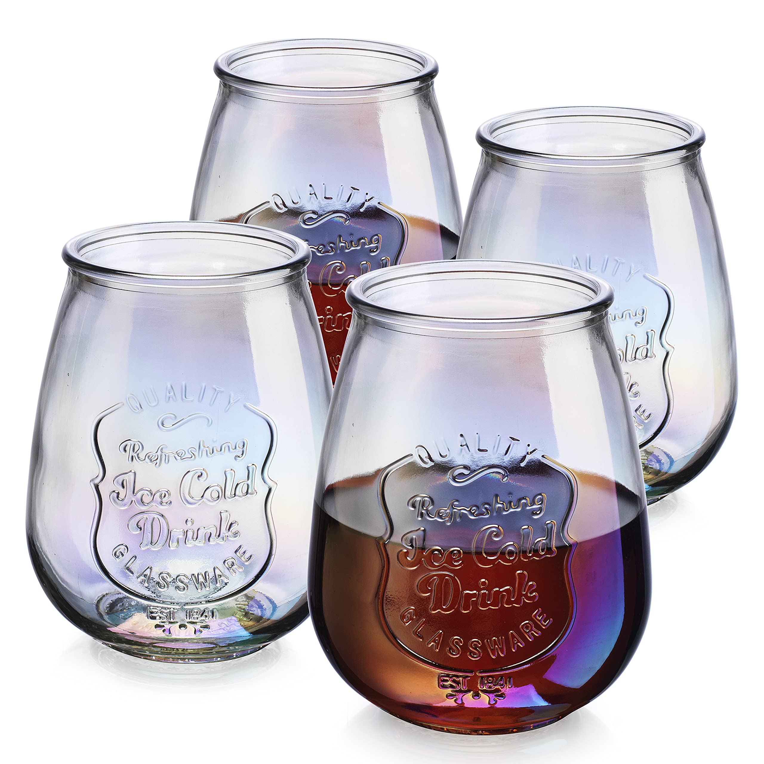 Glaver's Stemless Wine Luster Glasses – Wine Glasses Set of 4 – 21 Fl Oz Iridescent Glassware, with Embossed Logo Home Bar For Wine and Cocktails.