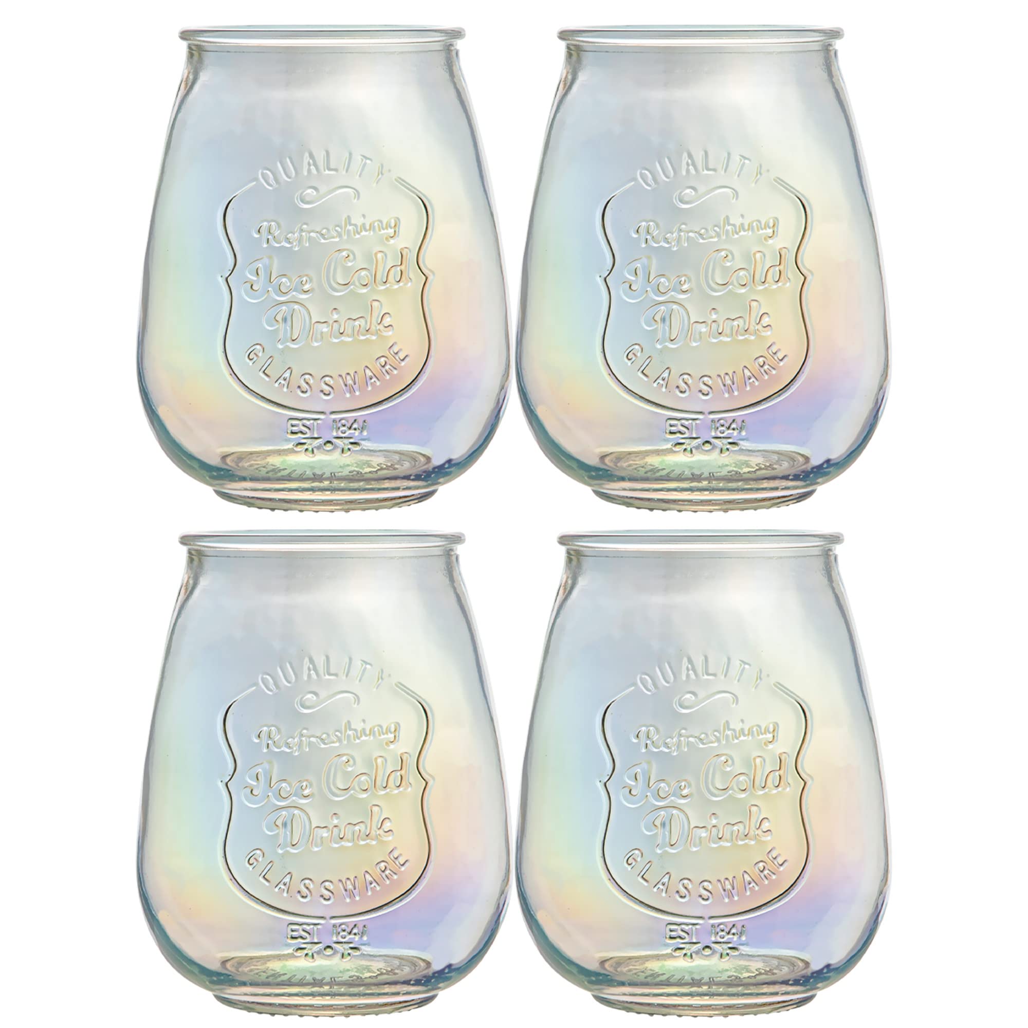 Glaver's Stemless Wine Luster Glasses – Wine Glasses Set of 4 – 21 Fl Oz Iridescent Glassware, with Embossed Logo Home Bar For Wine and Cocktails.