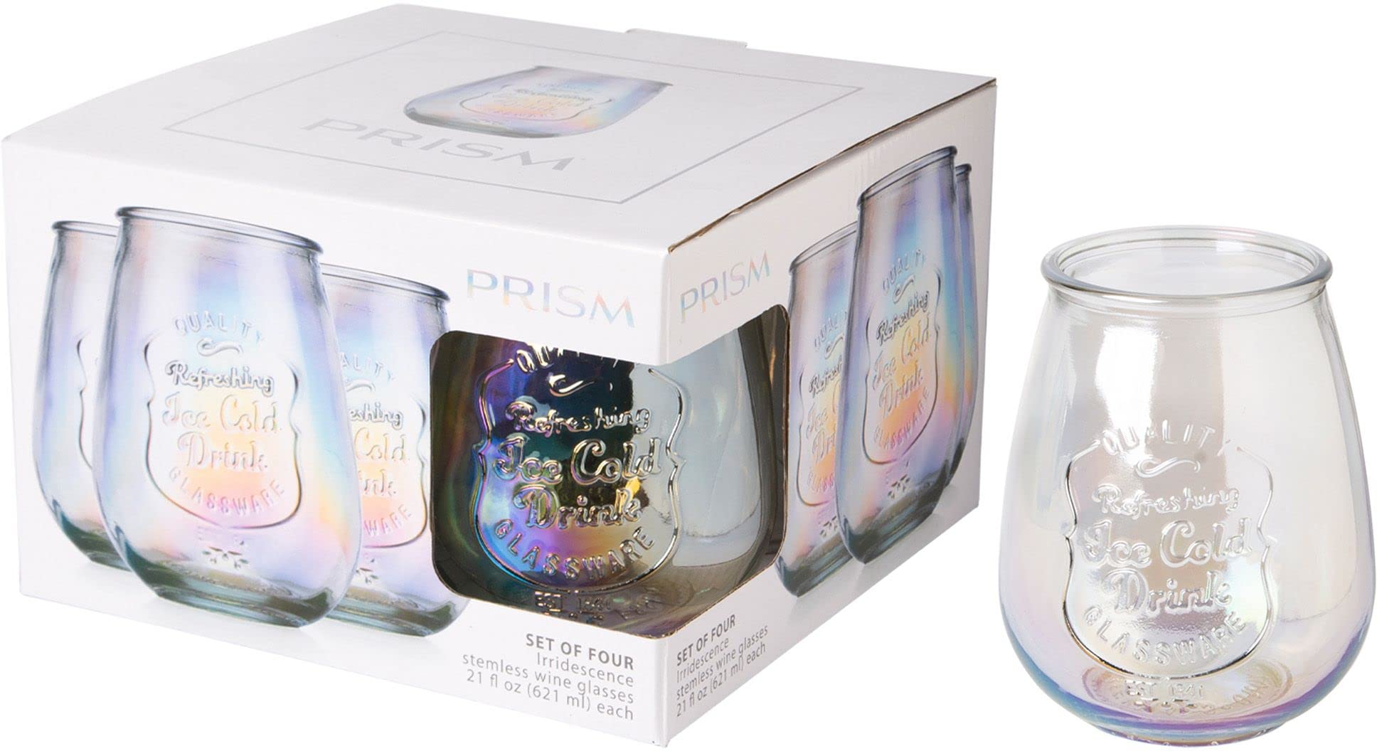 Glaver's Stemless Wine Luster Glasses – Wine Glasses Set of 4 – 21 Fl Oz Iridescent Glassware, with Embossed Logo Home Bar For Wine and Cocktails.