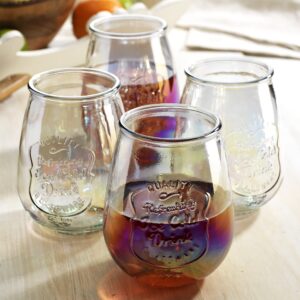 Glaver's Stemless Wine Luster Glasses – Wine Glasses Set of 4 – 21 Fl Oz Iridescent Glassware, with Embossed Logo Home Bar For Wine and Cocktails.