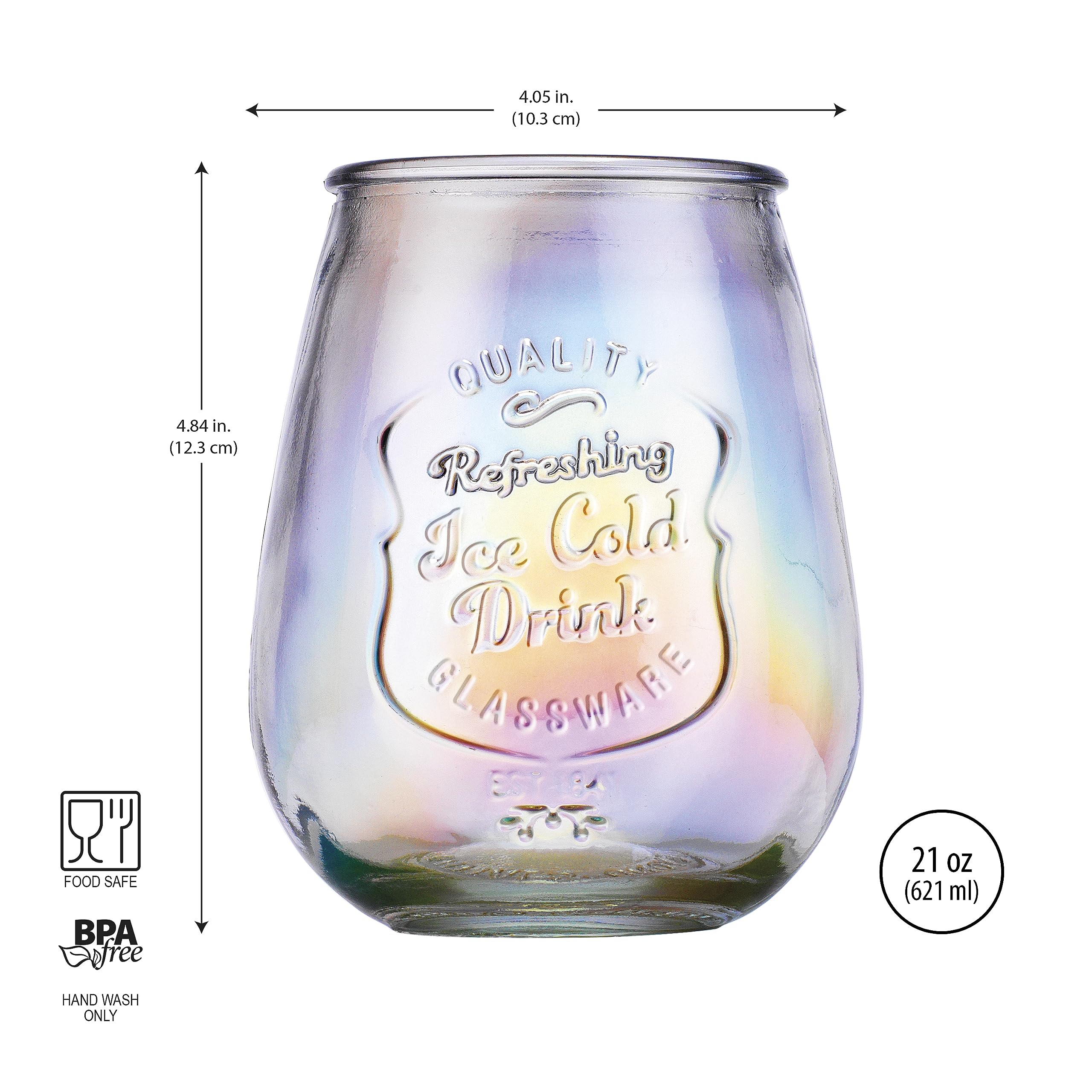 Glaver's Stemless Wine Luster Glasses – Wine Glasses Set of 4 – 21 Fl Oz Iridescent Glassware, with Embossed Logo Home Bar For Wine and Cocktails.