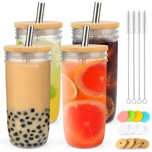 [ 4 pack ] glass cups set - 24oz mason jar with straw reusable wide mouth bubble smoothie bobo iced coffee cup w 12 airtight lids brush,tumbler drinking bottle for pearl tea, juice