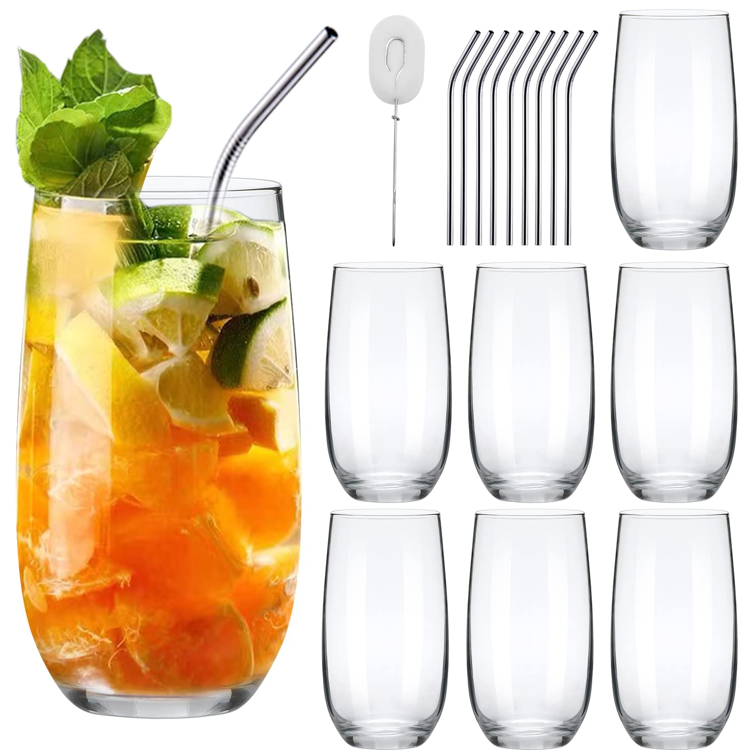 Ufrount Highball Glasses Set,Tall Drinking Cups Set of 8,Clear Water Glass Tumblers with Straws,16 OZ Glassware for Kitchen,Bar,Mojito,Cocktail,Juice,Mixed Drink,Water,Beer