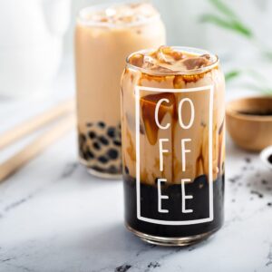 16 oz Iced Coffee Cup with Bamboo Lids and Straws | Mason Jar Cups & Iced Coffee Tumbler with Lid and Straw | Glass Cups for Iced Coffee, Boba Cup | Beer Can Glass & Smoothie Cup - Coffee