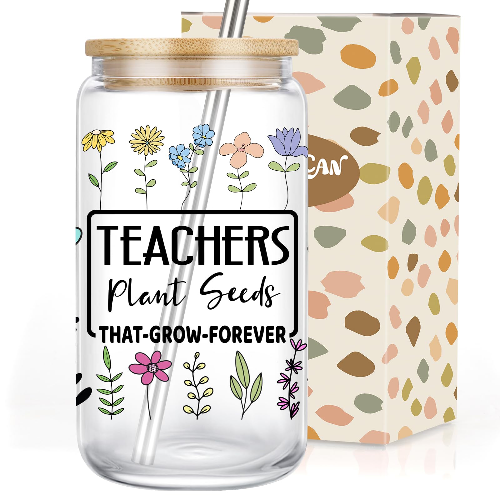 Coolife Teacher Cup, 16oz Glass Cups w/Lids Straws - Best Teacher Mothers Day Birthday Gifts, Teacher Appreciation Gifts for Women, Glass Tumbler Teachers Cups, Thank You Gifts for Teachers