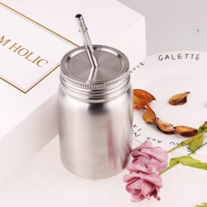 CHICTRY Stainless Steel Mason Jar with Lid and Straw Unbreakable Dishwasher Safe Drinking Tumbler Cup for Kids Adult Silver Double-Wall 500ml