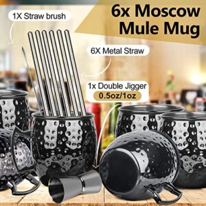 LINALL Moscow Mule Mugs- Set of 6 Gunmetal Black Plated 18oz Stainless Steel Mug Double Jigger Chilled Drink Cocktail Mug (6pcs)