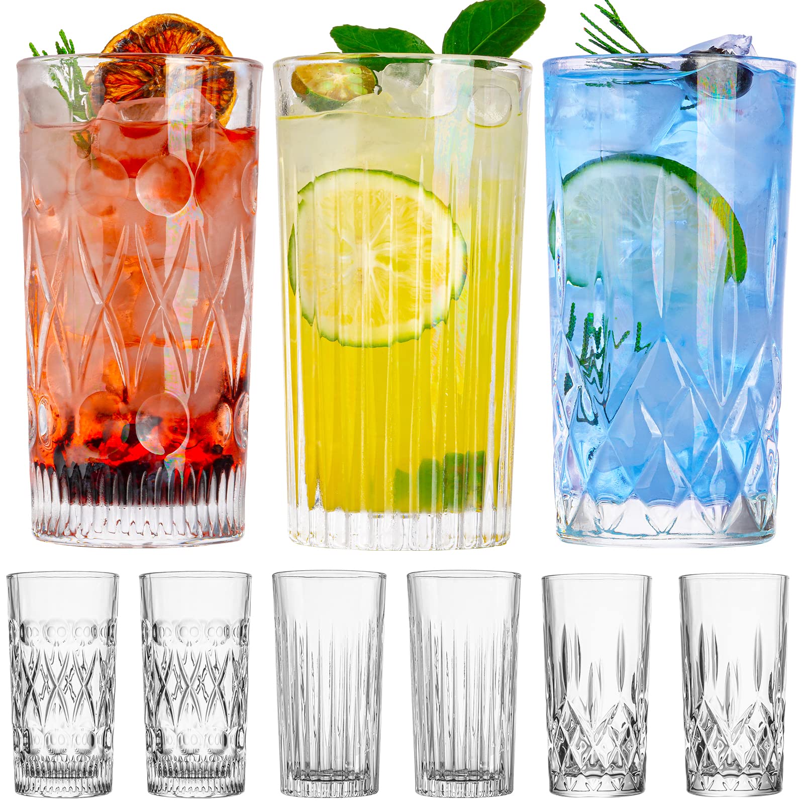 Claplante Crystal Highball Glasses, 6 Pack Glass Drinking Glasses, 11 oz Durable Drinkware Cups for Cocktails, Water, Juice, Beer, Wine-Special Edition Glassware Set, Dishwasher Safe(Mixed)