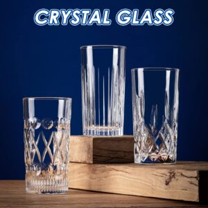 Claplante Crystal Highball Glasses, 6 Pack Glass Drinking Glasses, 11 oz Durable Drinkware Cups for Cocktails, Water, Juice, Beer, Wine-Special Edition Glassware Set, Dishwasher Safe(Mixed)