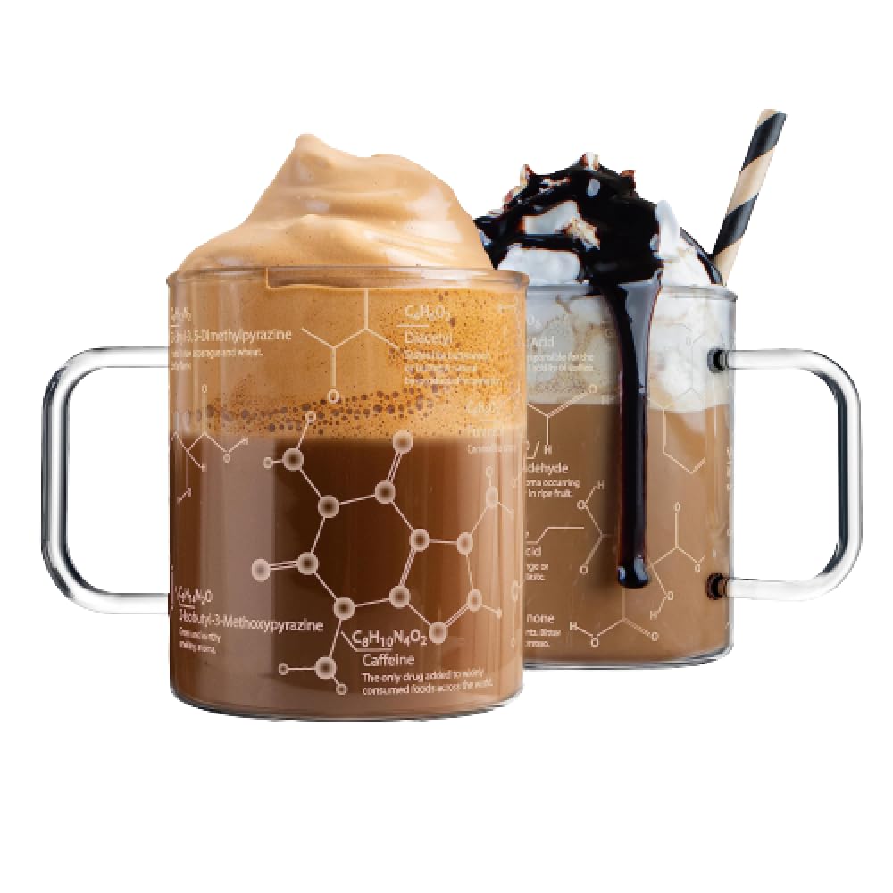 Greenline Goods Glass Coffee Mug - 16 oz Tumbler Science of Coffee Glass (Set of 2) - Etched with Coffee Chemistry Molecules