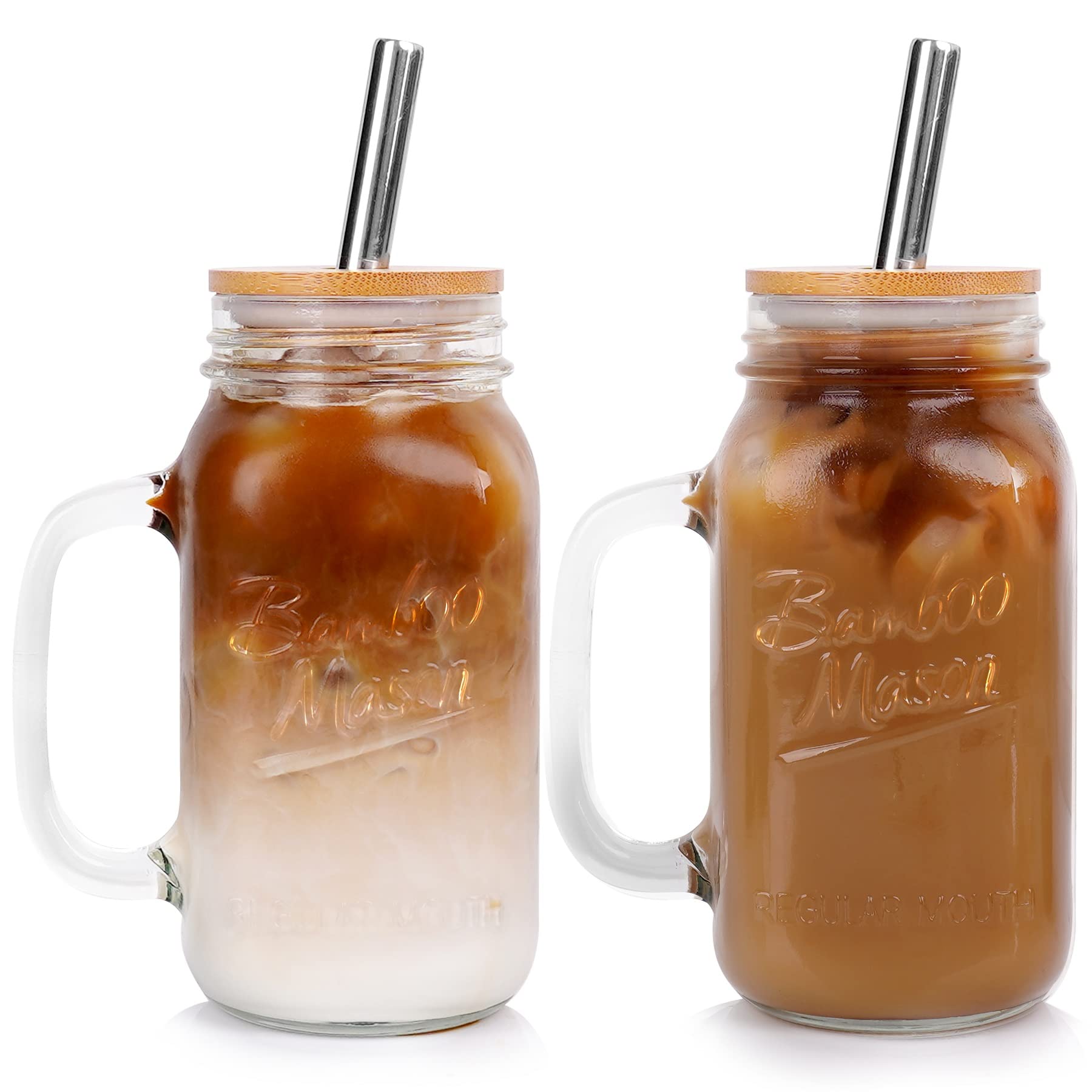 ANOTION Mason Jar with Lid and Straw, 24oz Regular Mouth Mason Jars with Handle Drinking Glasses Tumbler Reusable Cups Smoothie Water Bottles for Iced Coffee (Classic 2 cups Style)