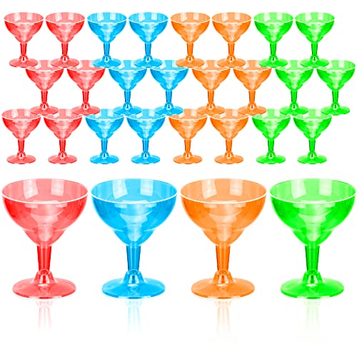 DecorRack 24 Neon Margarita Glasses, Plastic Party Champagne Cups, Perfect for Outdoor Parties, Weddings, Picnics, Stackable Stemmed, Reusable, Shatterproof Disposable Wine Glasses (Pack of 24)