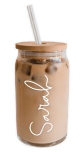 personalized iced coffee glass with bamboo lid & plastic straw, 16 oz can shaped coffee cup, custom holiday gift idea for women friends & coffee lover