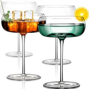 unique martini glasses | set of 4 | 8 oz crystal round | art deco cocktail glasses set for pisco sour, mixed drinks | hand-blown fancy champagne coupe glass