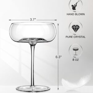 Unique Martini Glasses | Set of 4 | 8 oz Crystal Round | Art Deco Cocktail Glasses Set for Pisco Sour, Mixed Drinks | Hand-Blown Fancy Champagne Coupe Glass