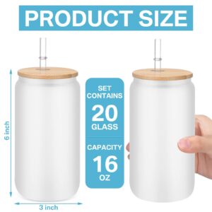 Sieral 16 oz Sublimation Glass Blanks, Beer Can Tumbler with Bamboo Lids and Glass Straws, Sublimation Jars Water Tumbler Cups for Coffee Juices Cocktail Wine DIY Gifts (20 Pieces)