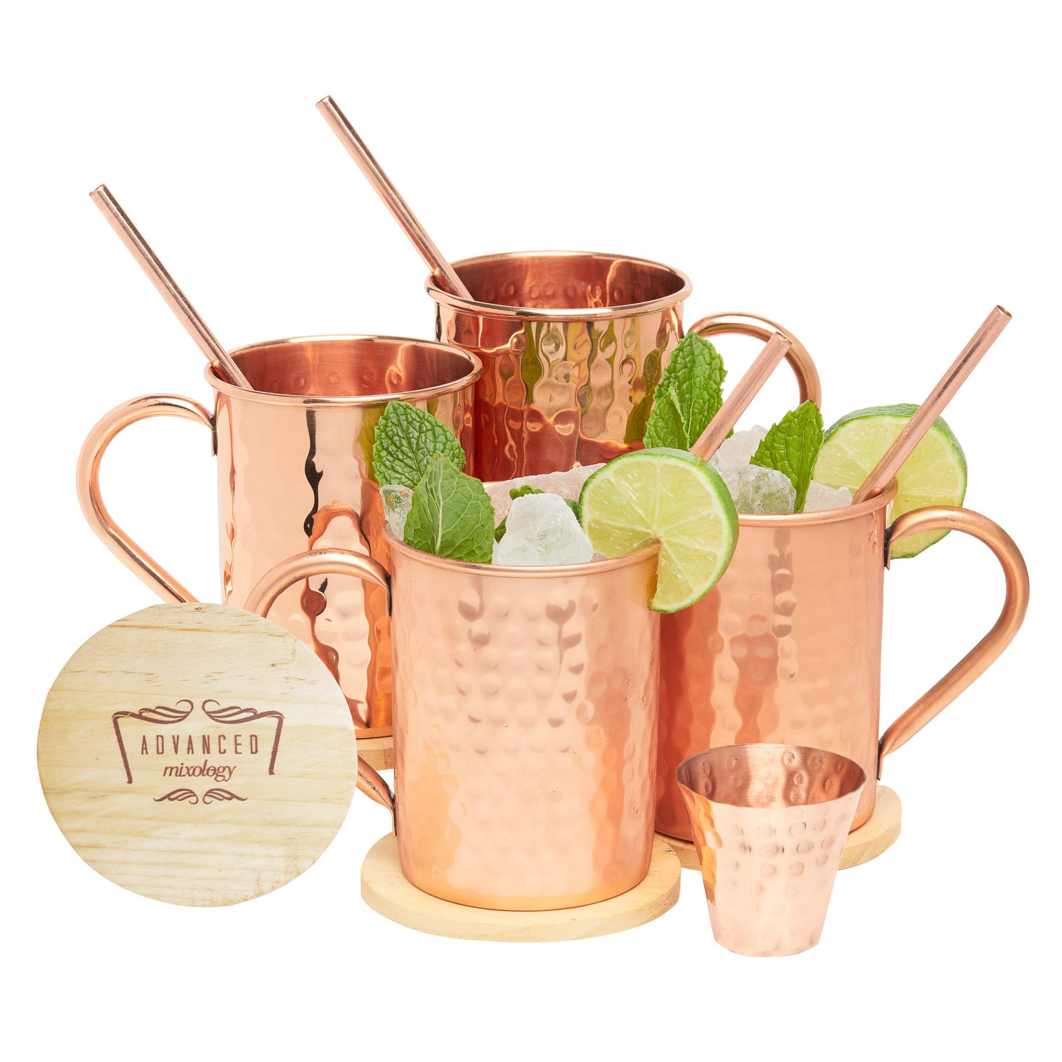 Advanced Mixology [Gift Set] Moscow Mule Mugs - 100% Pure Copper Mugs, 16 Ounce Set of 4 Stylish Designed Mugs with 4 Artisan Hand Crafted Wooden Coasters