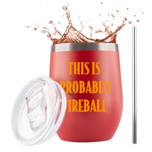 jenvio fireball whiskey gifts | this is probably fireball | cinnamon red coffee/liquor stainless steel tumbler mug with lid and 2 straws for men or women wine glass valentine's day (12 ounce)