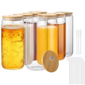 flhivsa drinking transparent cup 4pcs set-20oz water cups tumbler cup with bamboo lids and straw (20oz glass clear bamboo lid 6 pack)