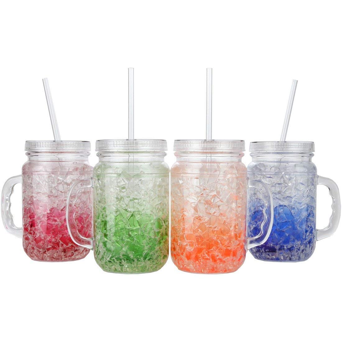 Lily's Home Double Wall Gel-Filled Acrylic Freezer Mason Jar Mugs with Lids and Straws, Great as Old Fashion Drinking Glasses at BBQs and Parties, Assorted Colors (18 oz. Each, Set of 4)