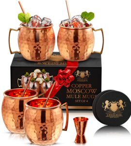 b. weiss premium moscow mule mugs set of 4 with bonus accessories - 100% real copper cups, handcrafted, 16 oz - includes copper straws, jigger, and coasters -gift for any occasion - food safe