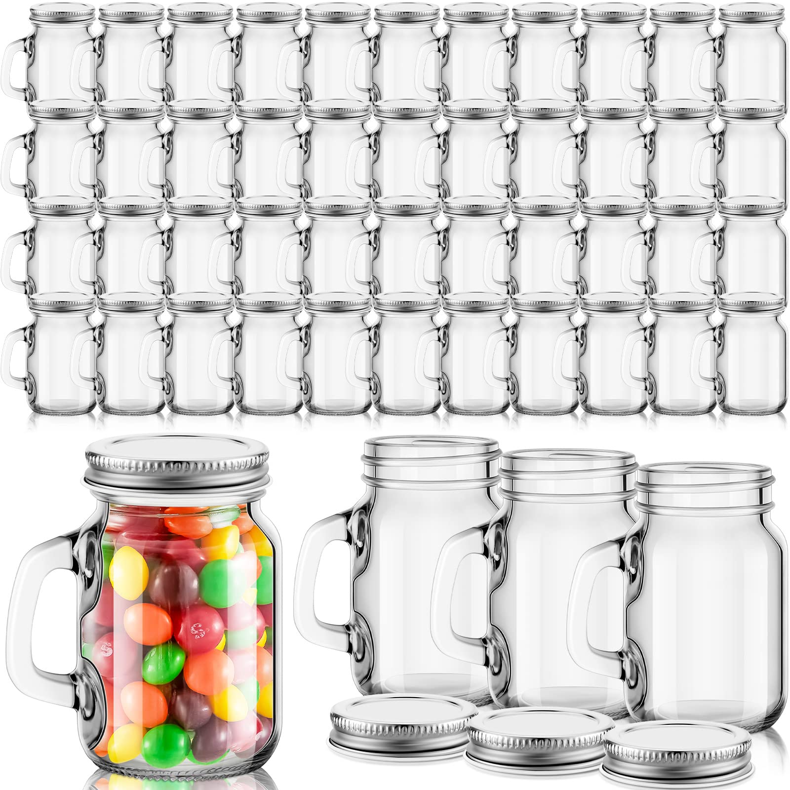 Tessco 48pcs Mini Mason Jar Mugs Mason Jar Mugs with Handles and Lids Small Drinking Glass and DIY Favor Wedding Bridal Shower Party Supplies for Drinks, Gifts, Candles and Crafts (Silver Lid,1.4 oz)