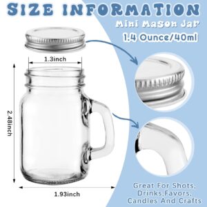 Tessco 48pcs Mini Mason Jar Mugs Mason Jar Mugs with Handles and Lids Small Drinking Glass and DIY Favor Wedding Bridal Shower Party Supplies for Drinks, Gifts, Candles and Crafts (Silver Lid,1.4 oz)