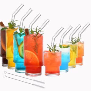 alink ribbed glassware drinking glasses with straws set of 8, vintage fluted glassware iced coffee cups, ridged glass tumbler for coocktail, whiskey, beer, water- 2 brush