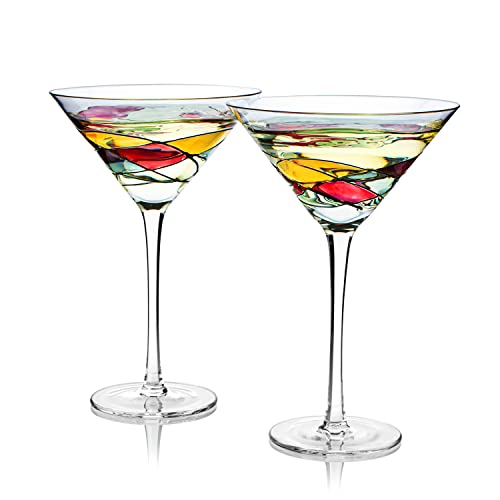 Artisanal Hand Painted Martini & Cocktail Glasses - Renaissance Romantic Stain-glassed Windows Wine Glasses Set of 2 - Gift Idea for Her, Him, Birthday, Housewarming - Extra Large Goblets (Martini)