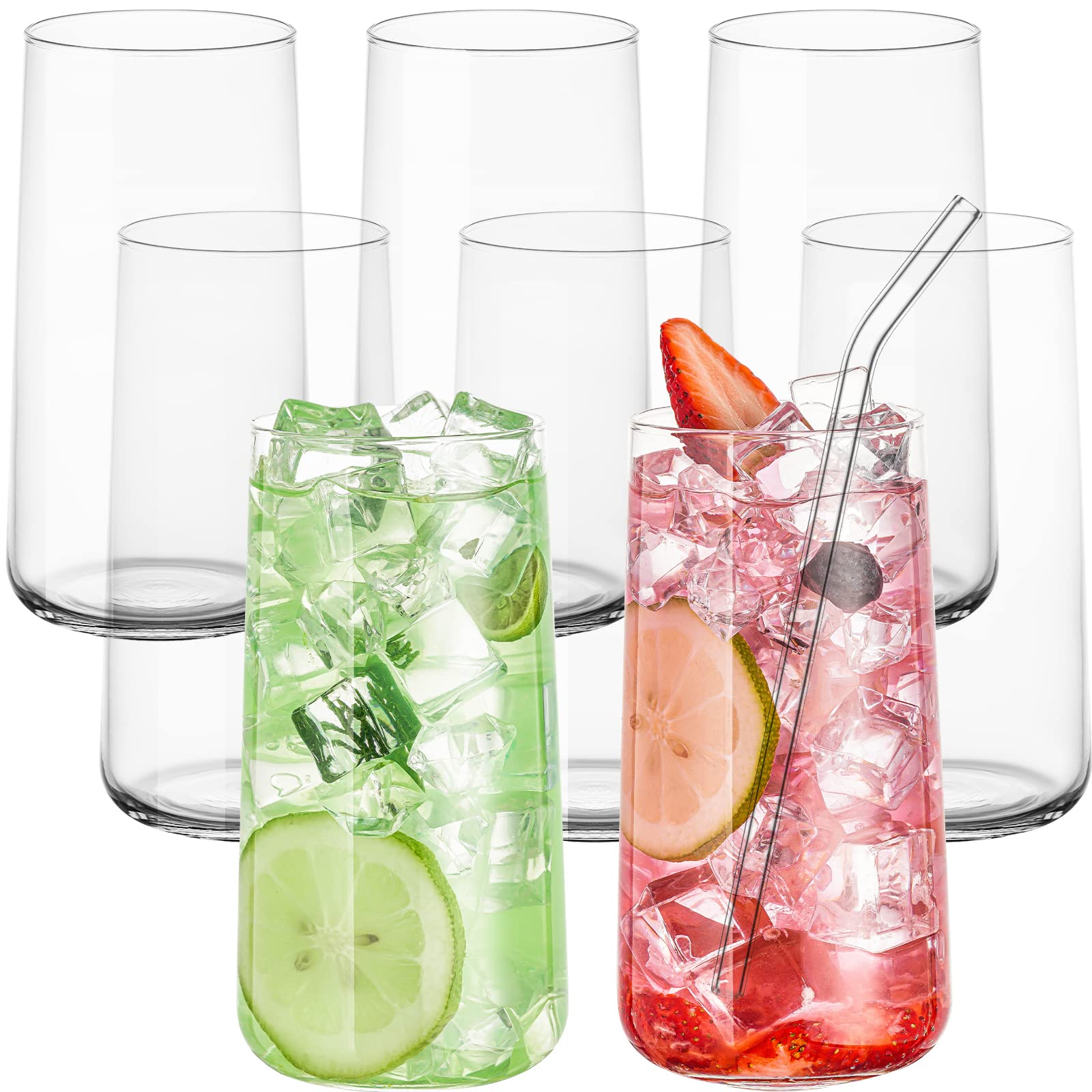 Claplante 18 oz Water Juice Drinking Glasses with Straws, Set of 8 Highball Glasses, Durable Drinkware Cups for Cocktails, Juice, Beer, Wine, Special Edition Glassware Set, Avant-Garde Collection