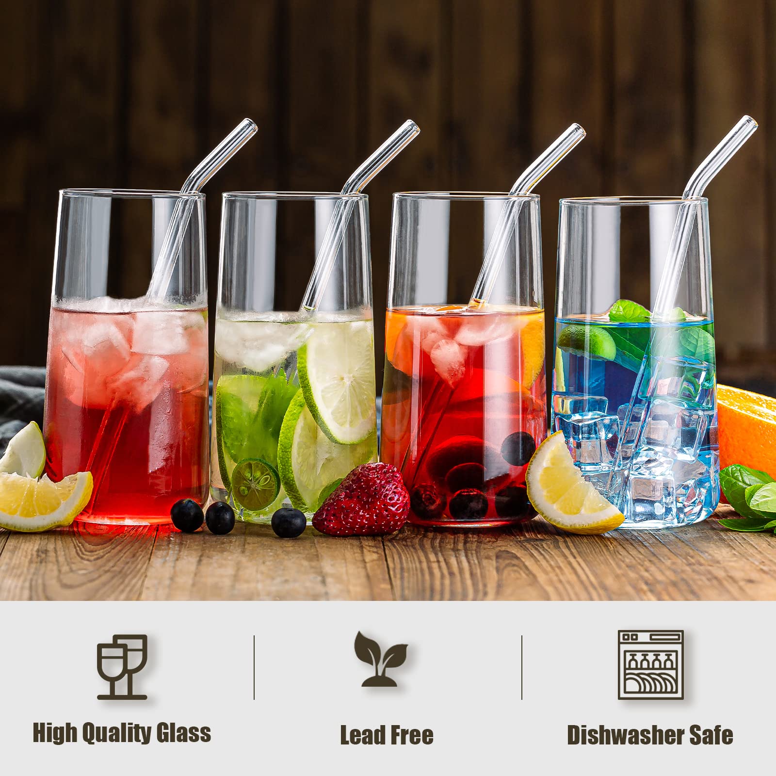 Claplante 18 oz Water Juice Drinking Glasses with Straws, Set of 8 Highball Glasses, Durable Drinkware Cups for Cocktails, Juice, Beer, Wine, Special Edition Glassware Set, Avant-Garde Collection