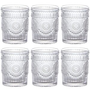 mdluu 6-pack embossed drinking glasses, romantic glassware, vintage glass tumblers for juice, beverages, cocktail, capacity 9oz/265ml