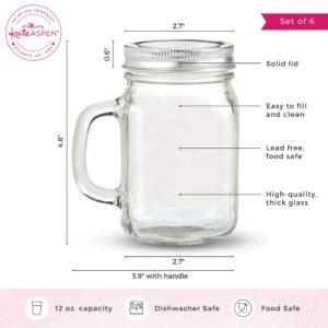 Kate Aspen 12 oz. Mason Jar Mugs With Handles & Solid Lid (Set of 6)| Kitchen Drinking Glass Cups | DIY Baby Shower Favors, Candy Jars, Rustic Wedding Decor and Party Favors