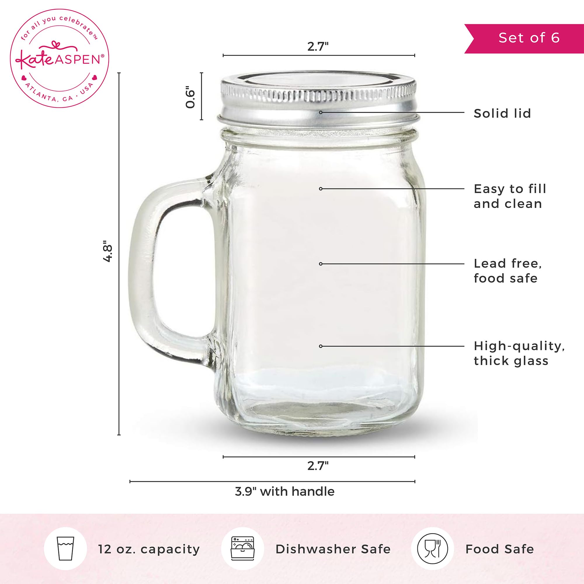 Kate Aspen 12 oz. Mason Jar Mugs With Handles & Solid Lid (Set of 6)| Kitchen Drinking Glass Cups | DIY Baby Shower Favors, Candy Jars, Rustic Wedding Decor and Party Favors