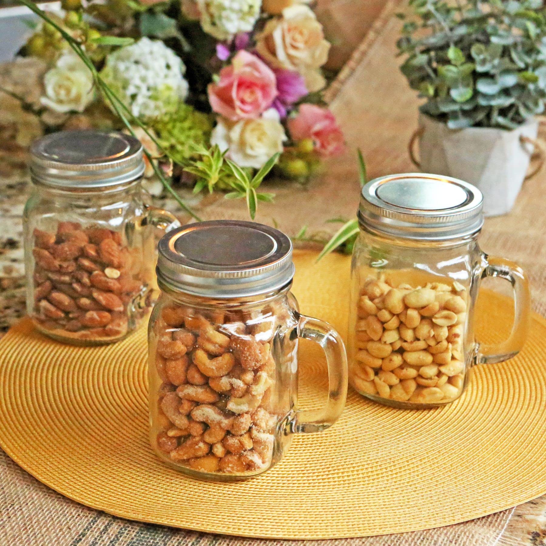 Kate Aspen 12 oz. Mason Jar Mugs With Handles & Solid Lid (Set of 6)| Kitchen Drinking Glass Cups | DIY Baby Shower Favors, Candy Jars, Rustic Wedding Decor and Party Favors