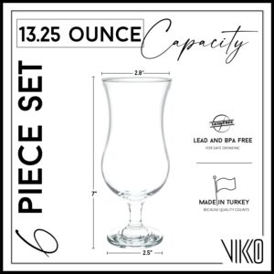 Vikko Hurricane Glasses, Set of 6 Pina Colada Glasses, 13.25 Ounce Cocktails Glasses Set, Durable Dishwasher Safe Party Glass