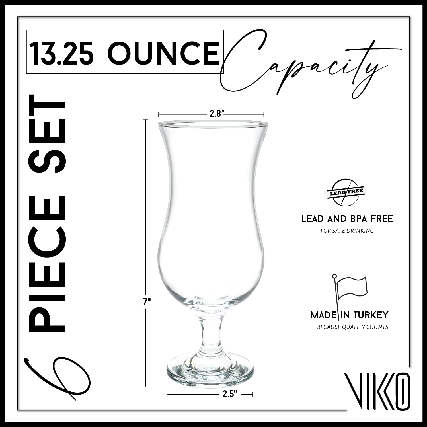 Vikko Hurricane Glasses, Set of 6 Pina Colada Glasses, 13.25 Ounce Cocktails Glasses Set, Durable Dishwasher Safe Party Glass