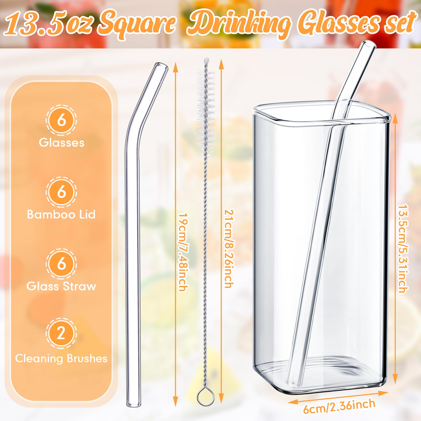 Inbagi 6 Pcs 13.5 oz Square Drinking Glasses Thin Square Glass Cups Clear Kitchen Glassware Elegant Bar Glasses Highball Glasses Tumbler for Water, Wine, Juice, Beer, Cocktail, Coffee and Mixed Drinks