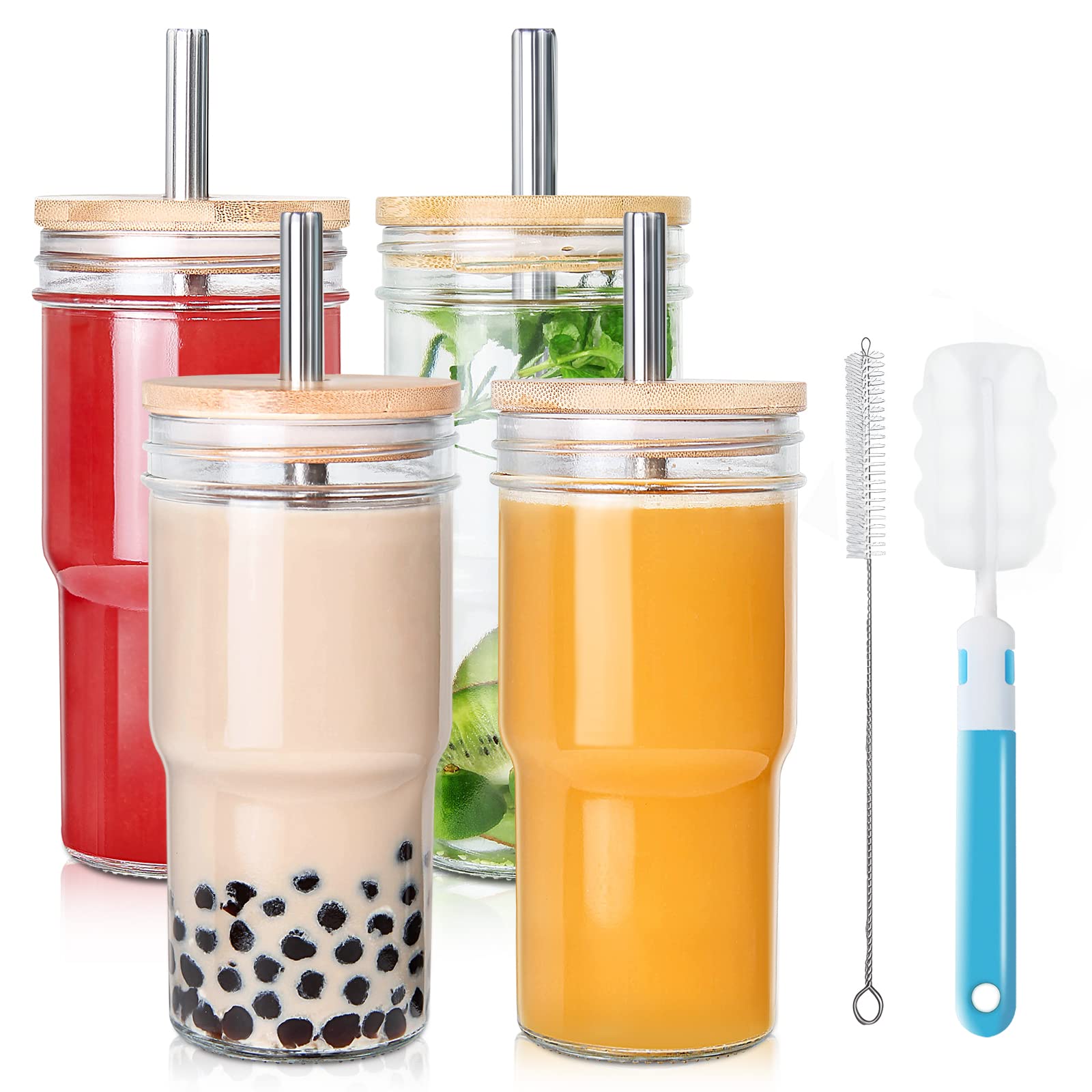 4 Pack Glass Cups Set - 22 oz Mason Jar with Multicolor Lids and Straws, Reusable Iced Coffee Cup Wide Mouth Bubble Cups, Smoothie Bobo Cup, Tumbler Drinking Bottle for Pearl Tea,Juice,Smoothies