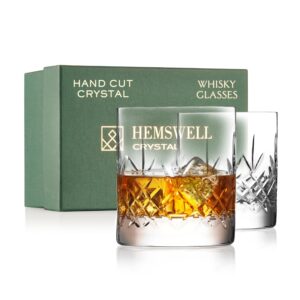 hemswell crystal whisky glasses set of 2 11oz - luxury cut glass whiskey rock tumblers for men - old fashioned glassware sets for bourbon and whisky with solid base - satin lined box - wicklow