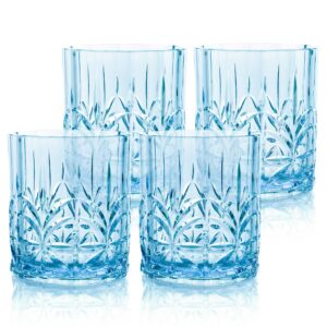 bellaforte shatterproof tritan plastic short tumbler, set of 4, 13oz - myrtle beach unbreakable crystal cut old fashioned drinking glasses for whiskey - bpa free - dishwasher safe - blue