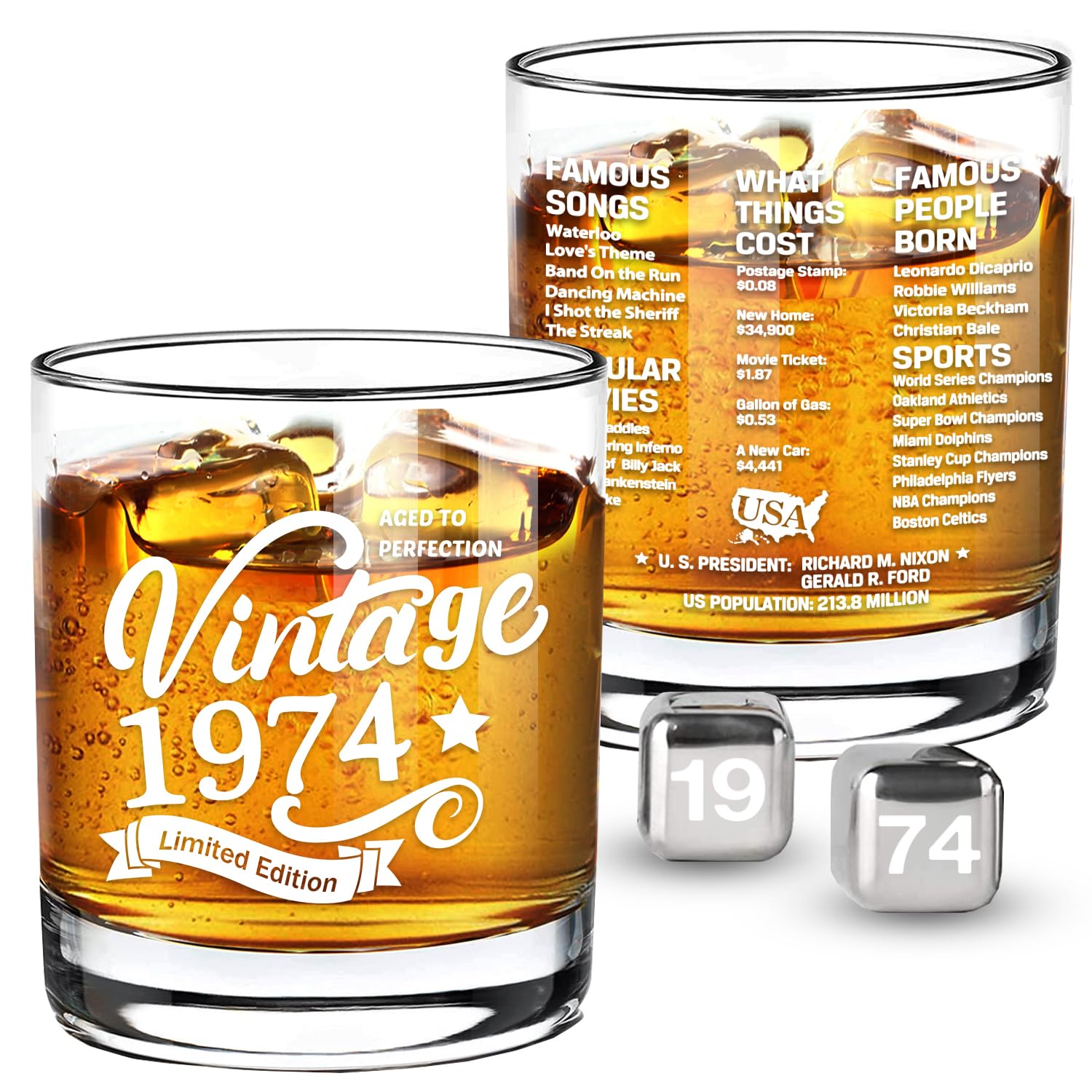 Old Fashioned Glasses-1974-Vintage 1974 old time information 10.25oz Whiskey Rocks Glass -50th Birthday Aged to Perfection - 50 years old gifts Bourbon Scotch Lowball Old Fashioned-1 PACK