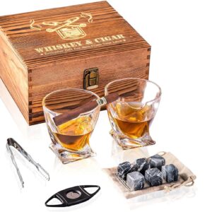 VKDONE Whiskey Glasses Set of 2 - Bourbon Gifts for Men Includes Whisky Rocks Glasses, Chilling Stones, Tongs, Velvet Pouch and Cutter, Valentines Day Gifts for Him, Dad, Husband, Whiskey Lover