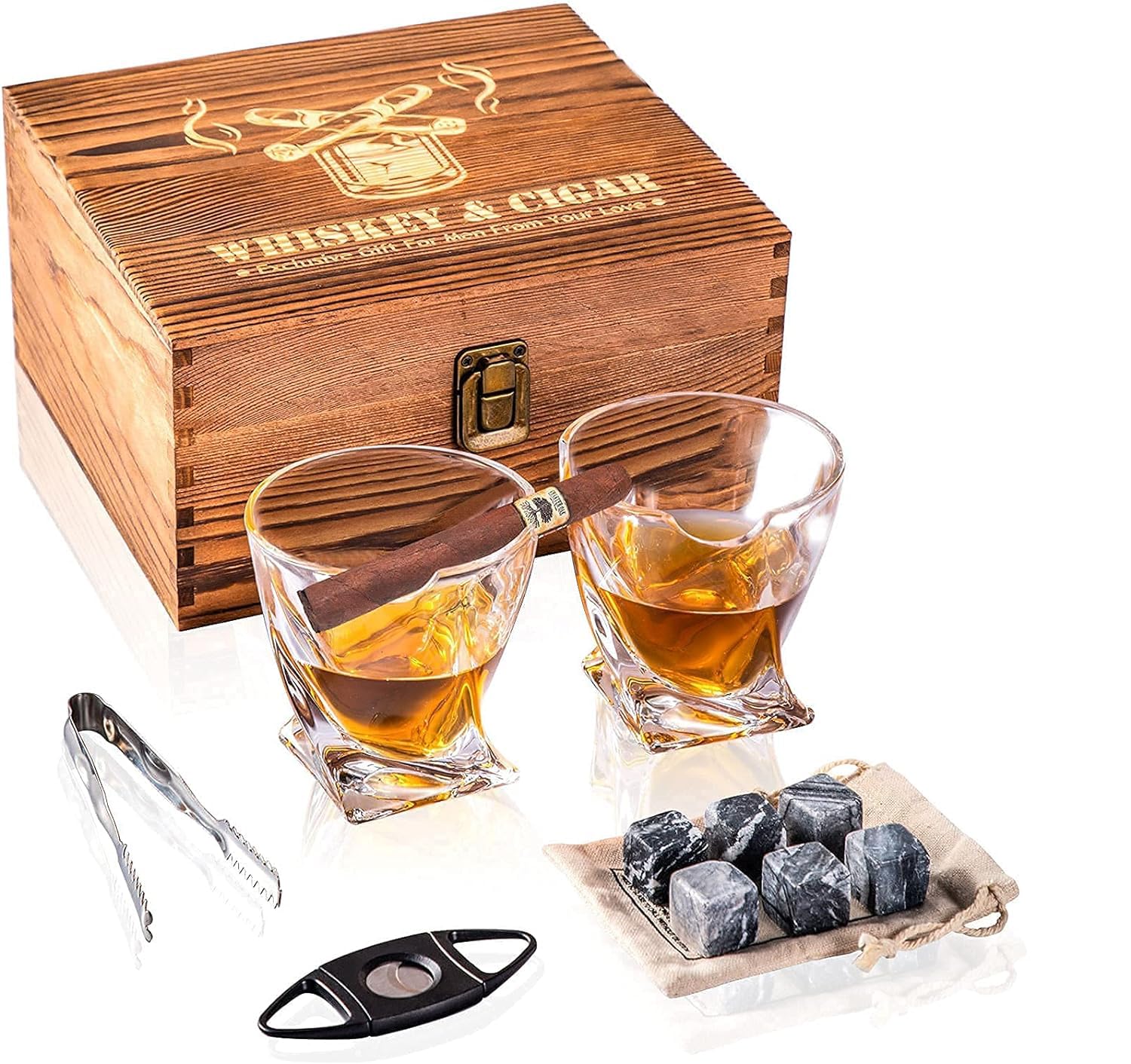 VKDONE Whiskey Glasses Set of 2 - Bourbon Gifts for Men Includes Whisky Rocks Glasses, Chilling Stones, Tongs, Velvet Pouch and Cutter, Valentines Day Gifts for Him, Dad, Husband, Whiskey Lover