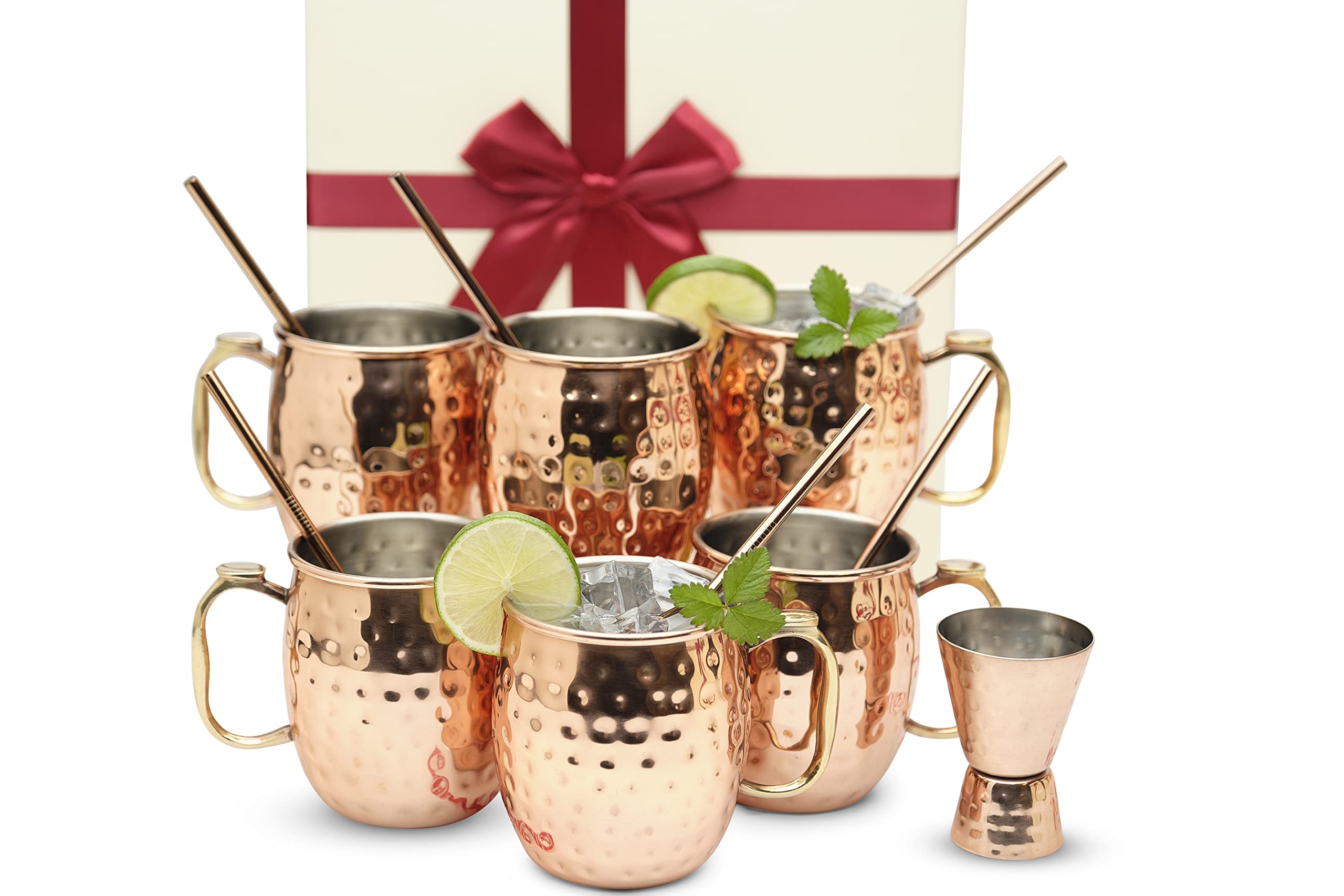 Kitchen Science [Gift Set] Moscow Mule Mugs, Stainless Steel Lined Copper Moscow Mule Cups Set of 6 (18oz) w/Straws, Jigger, Spoon & Brush | Tarnish-Resistant Stainless Steel Interior