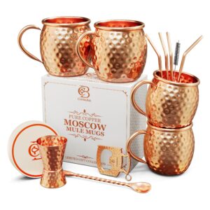 moscow mule copper mugs | set of 4 hammered cups | 100% handcrafted pure solid copper | gift set with cocktail straws | shot glass | coasters | copper stirrer & beer opener by copper-bar